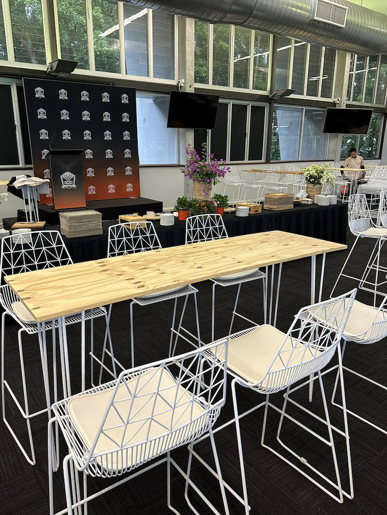 White Hairpin High Bar Table Hire Sydney - Sleek Setup